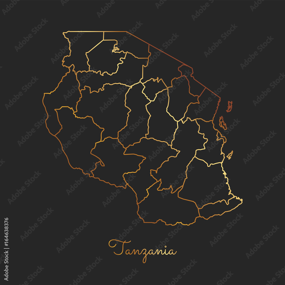 Tanzania region map: golden gradient outline on dark background ...