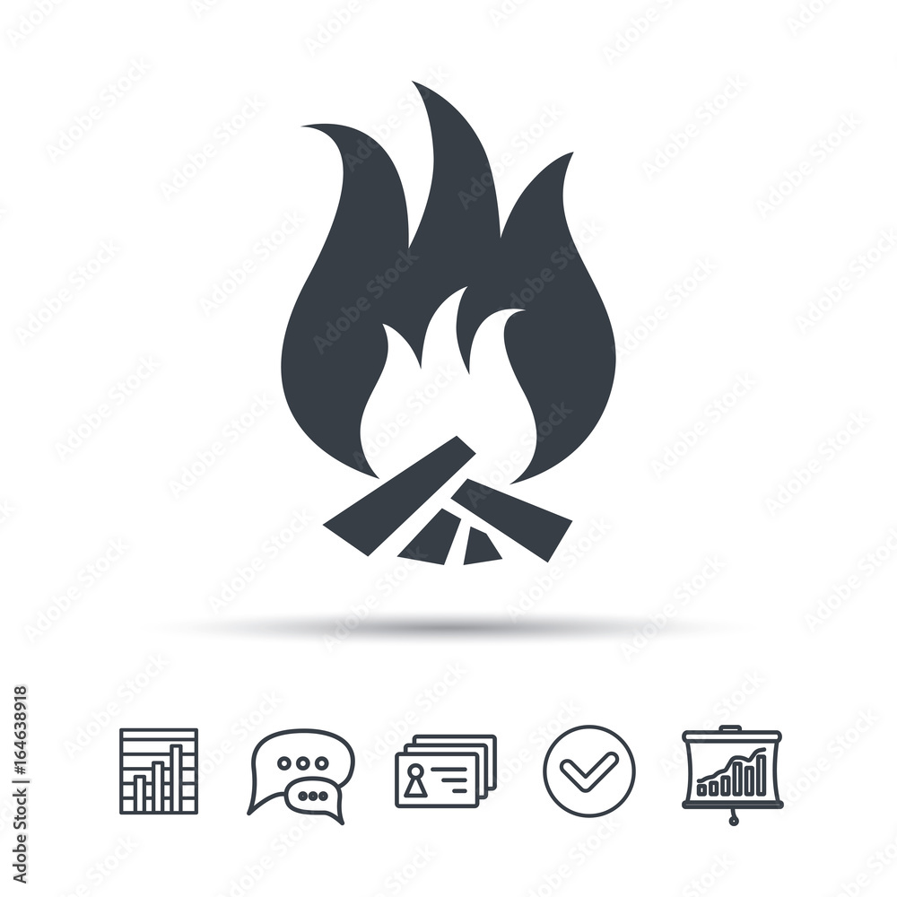 Fire icon. Blazing bonfire flame symbol. Chat speech bubble, chart and ...