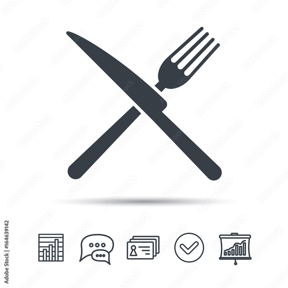 Fork and knife icons. Cutlery symbol. Chat speech bubble, chart and ...