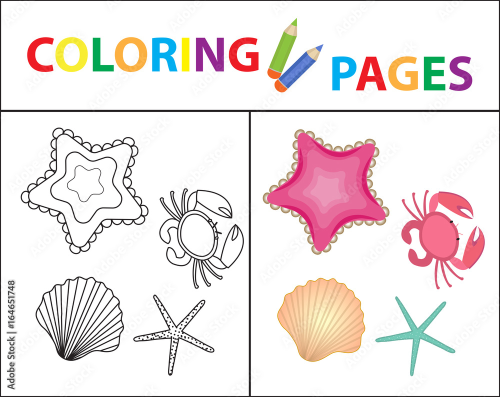 Coloring book page. Sea set, star, shell, crab, pearl. Sketch outline ...