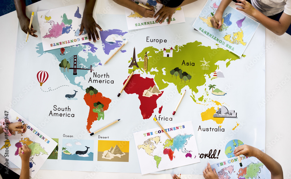 Kids Learning World Map with Continents Countries Ocean Geography Stock ...