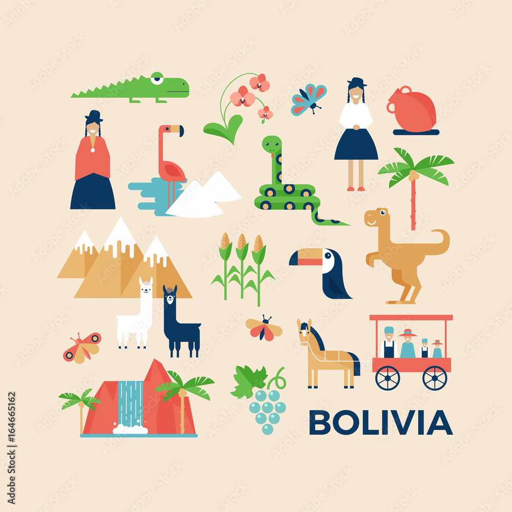 Vector illustration sightseeings of Bolivia with nature, animals and ...