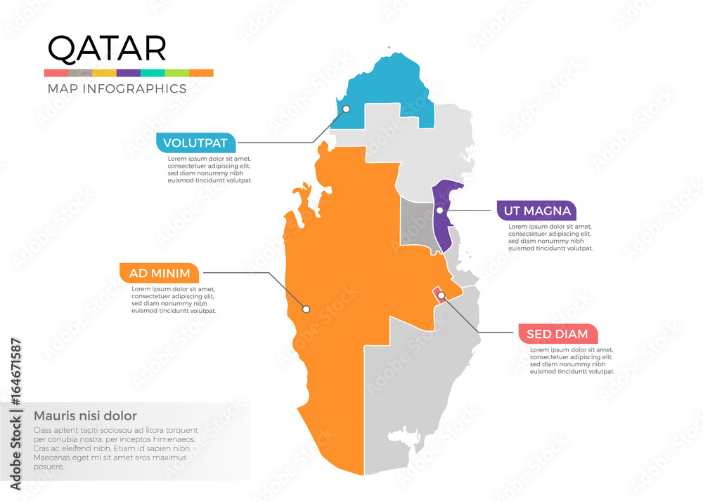 Qatar map infographics vector template with regions and pointer marks ...