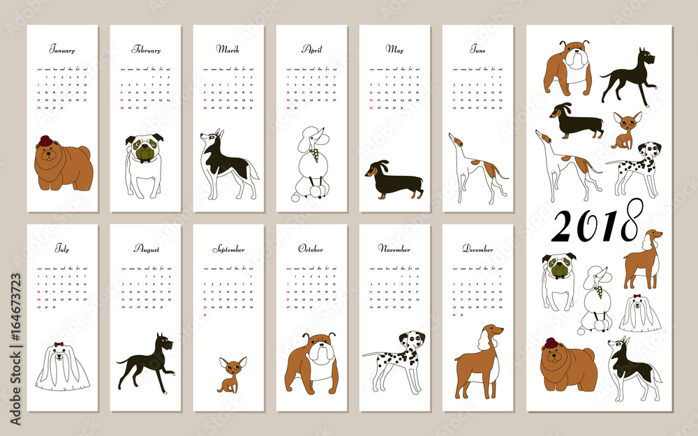 Monthly creative calendar 2018 with dog breeds. Concept, vector ...
