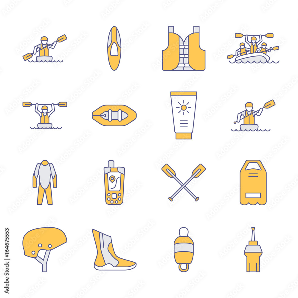 Rafting, kayaking flat line icons. Vector illustration of water sport ...