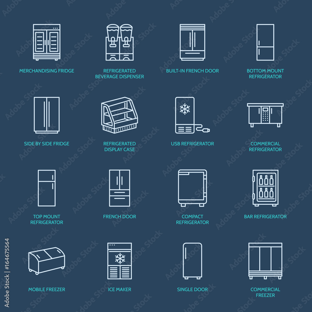 Refrigerators flat line icons. Fridge types, freezer, wine cooler ...