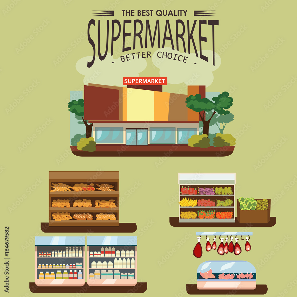 set of supermarket departments, fruit and milk food store, grocery row ...