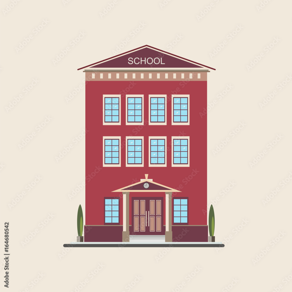 Classic low-rise school building front view. Colorful flat vector ...
