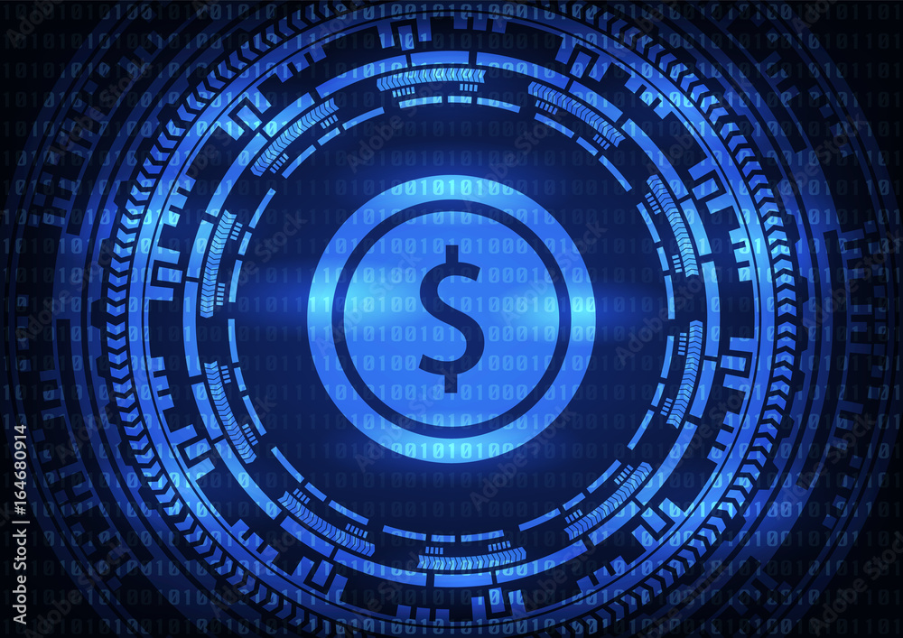 Abstract technology dollar logo on binary code and gear blue background ...