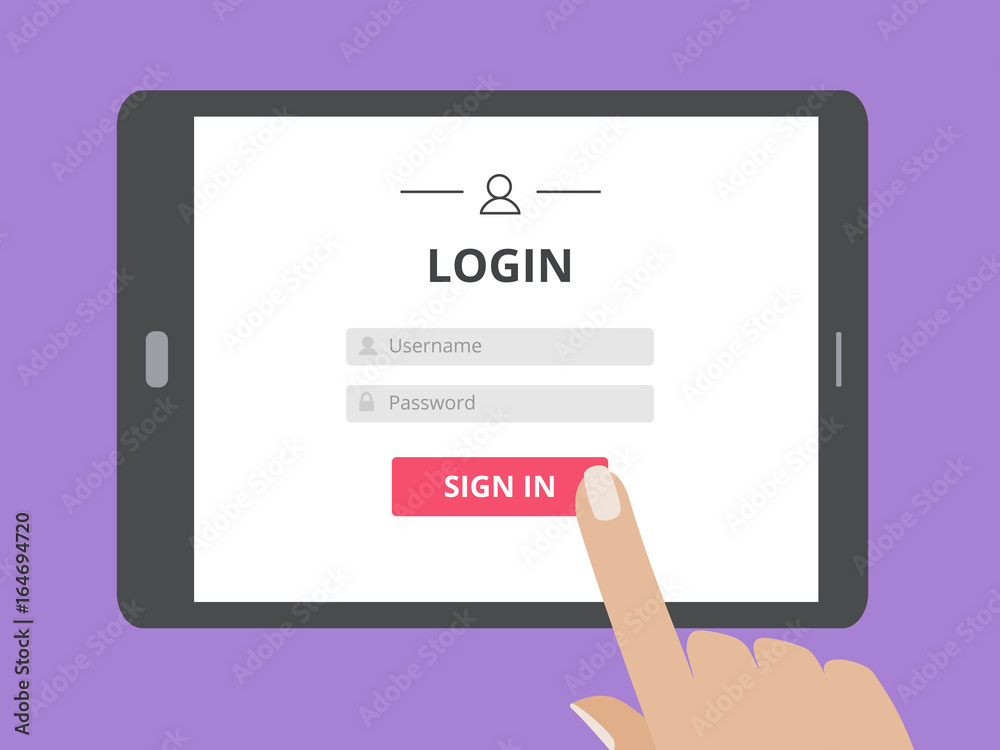 Hand touching the screen of tablet computer with user login form page ...