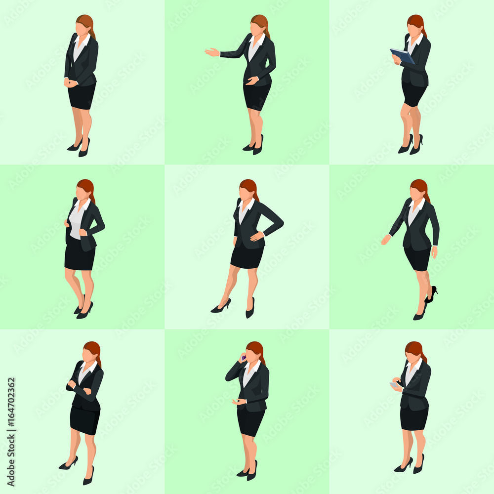 Isometric elegant business women in formal clothes. Base wardrobe ...