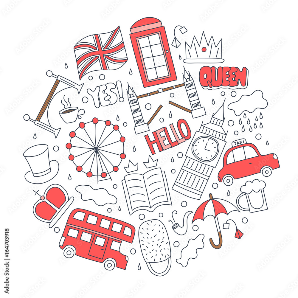 Hand drawn badges with United Kingdom symbols - bus crown cloud hat ...