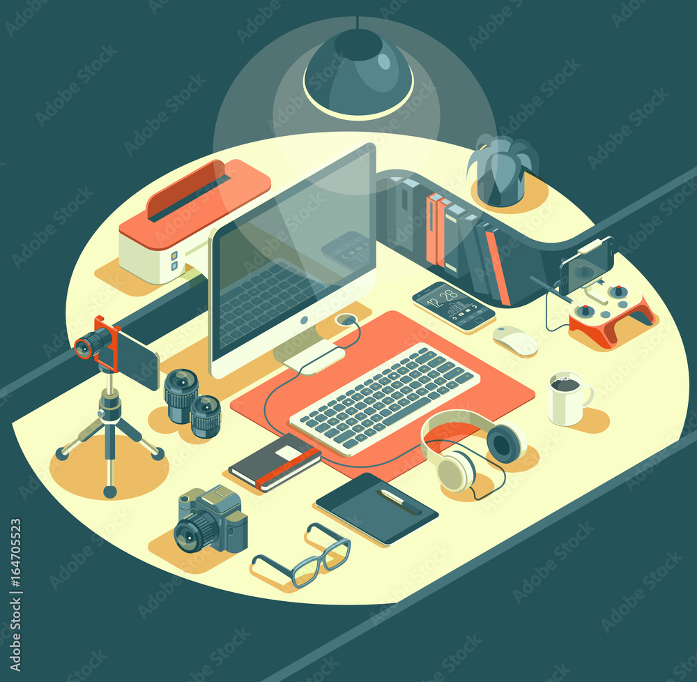 Isometric 3d workspace concept vector. Devices set on white background ...