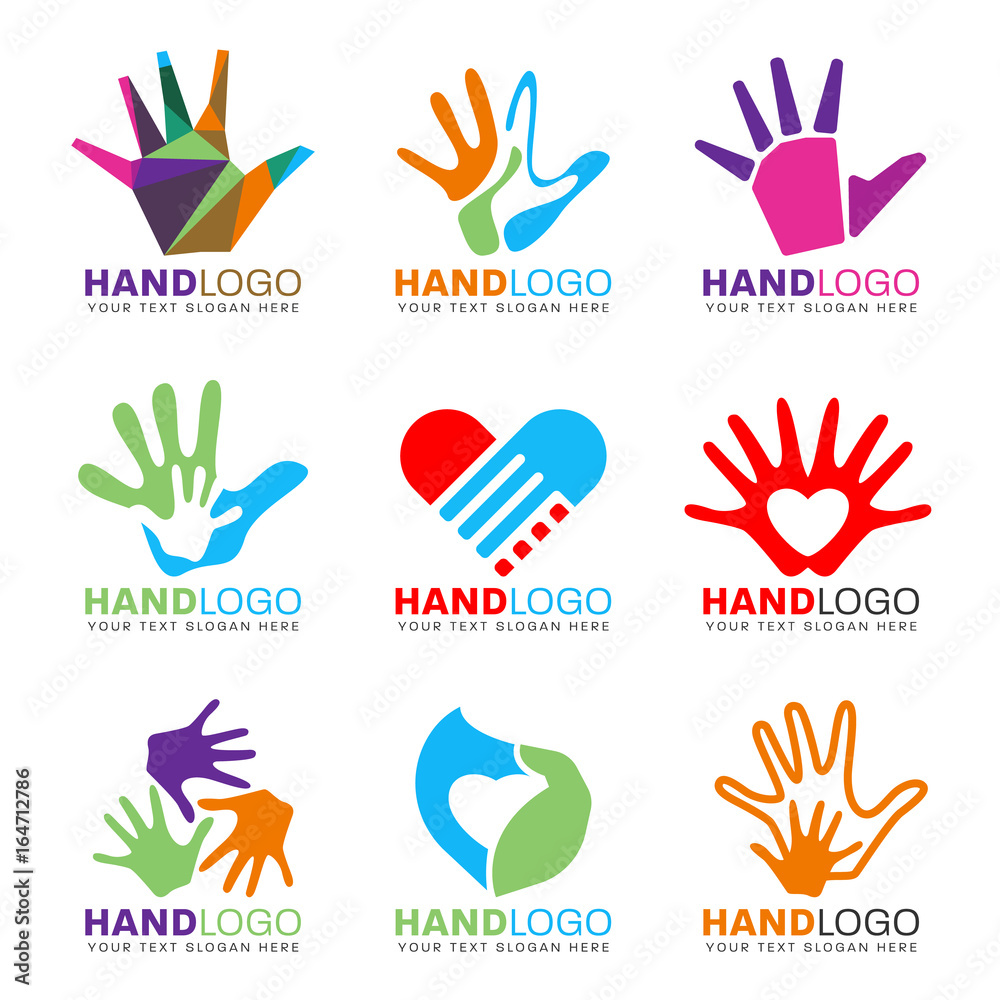 Colorful Hand and heart logo concept style vector set design Stock ...