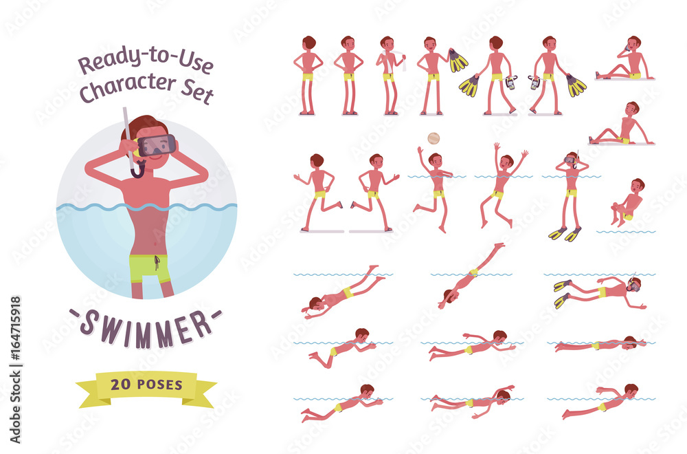 Ready-to-use male swimmer character set, various poses and emotions ...