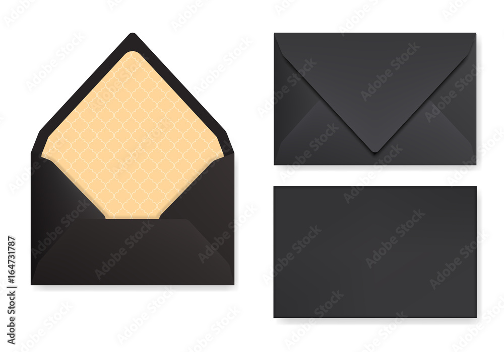 Vector Mock-up of black designed envelope. Front view, closed and ...