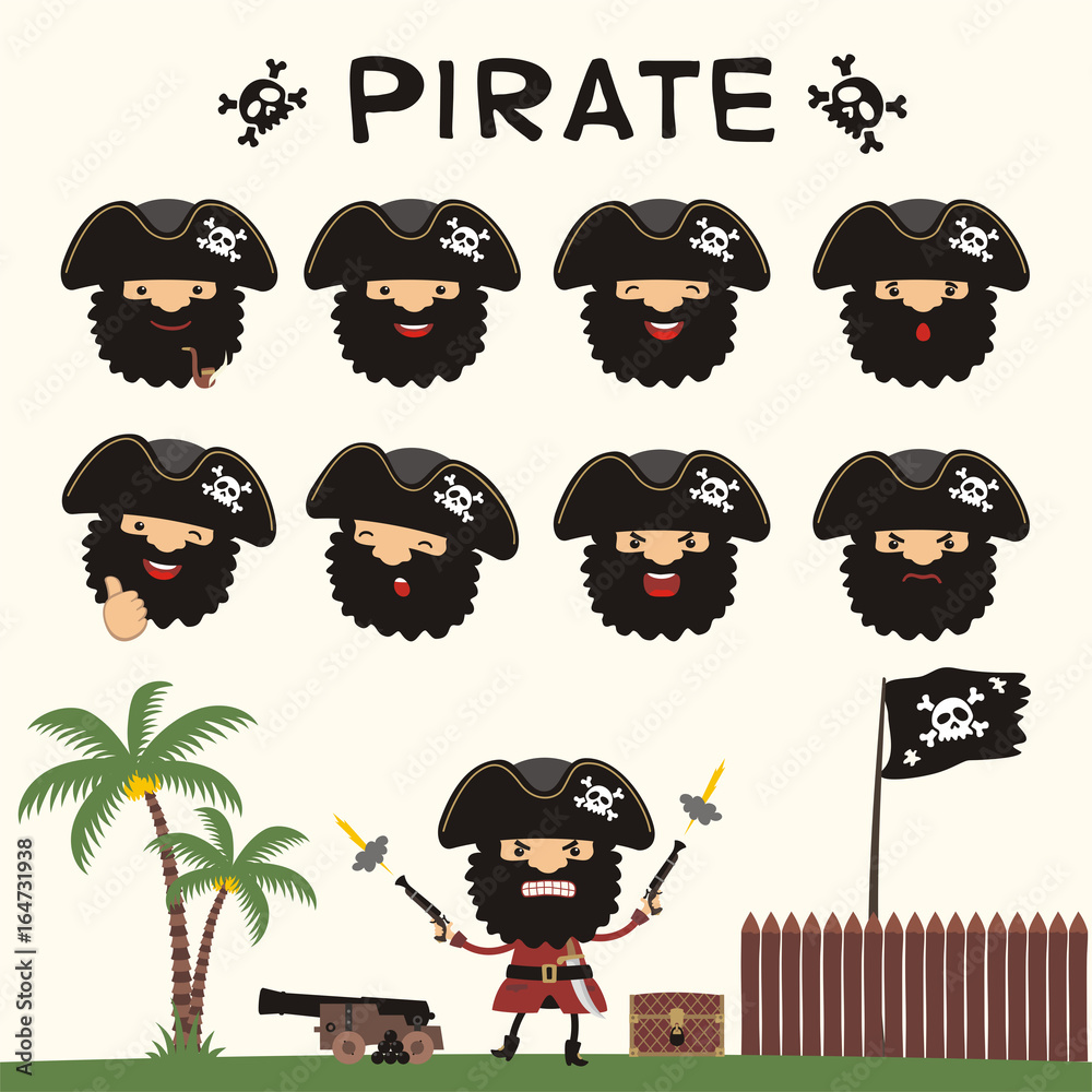 Emoticons set face of pirates in cartoon style. Collection isolated ...