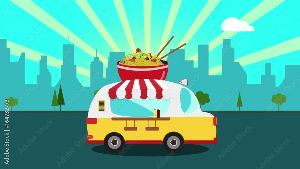 Chinese food Car In The City. Colorful Cartoon animation of funny ...