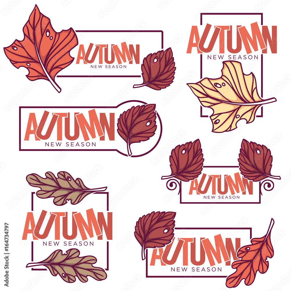 autumn frames, stickers, emblems, fall leaves template, doodle style ...