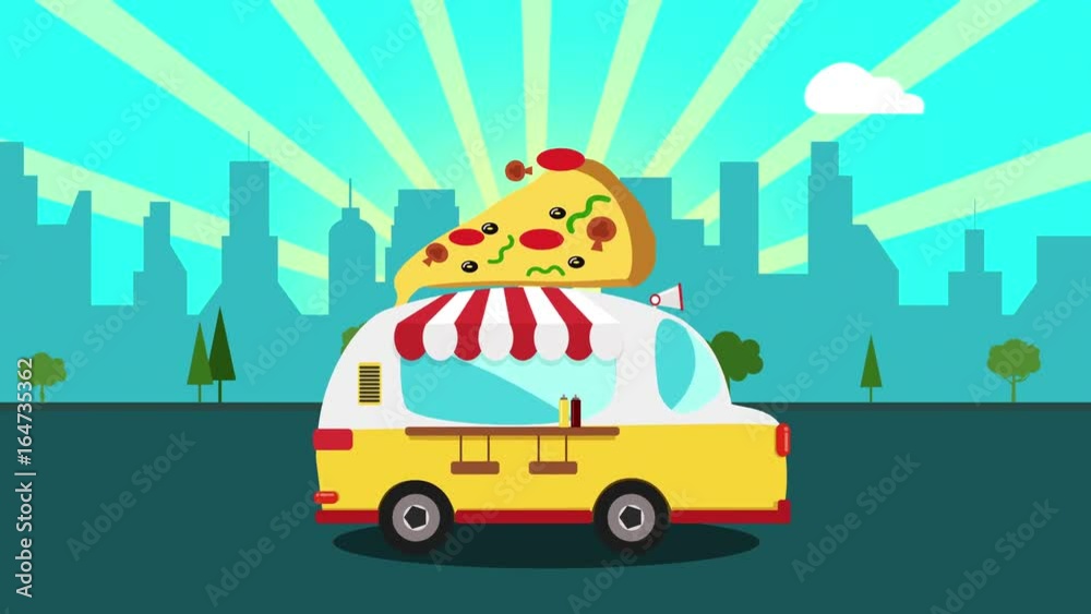 Vidéo Stock Cartoon Pizza Car in the city. Colorful Cartoon animation ...