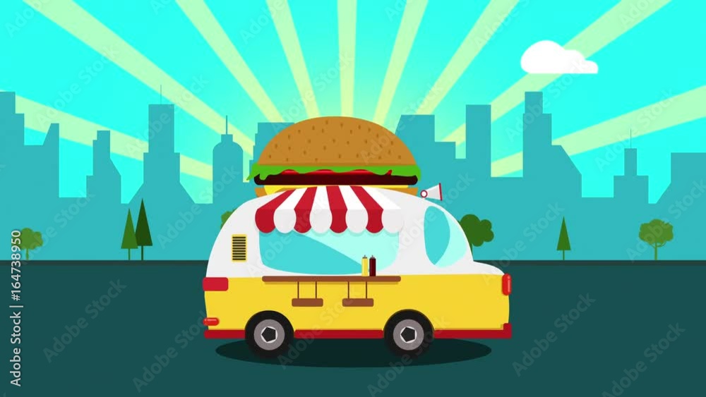 Cartoon Burger Car in the city. Colorful Cartoon animation of funny ...
