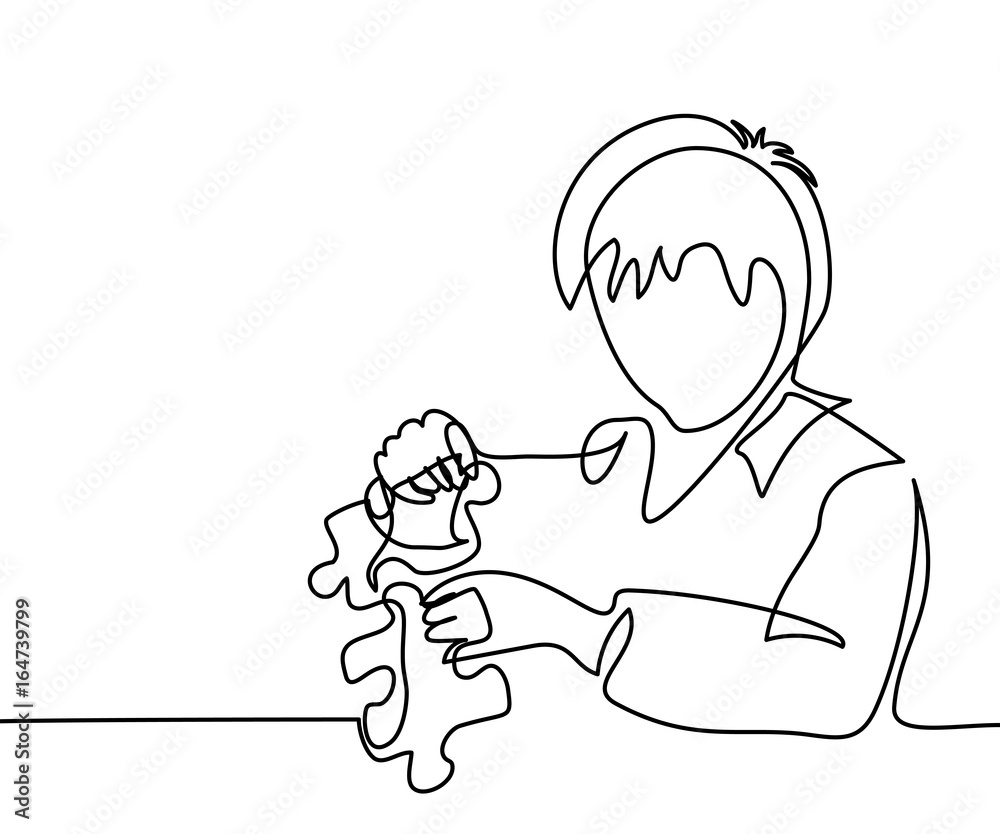 Continuous line drawing. Young Boy Playing with puzzle. Vector ...
