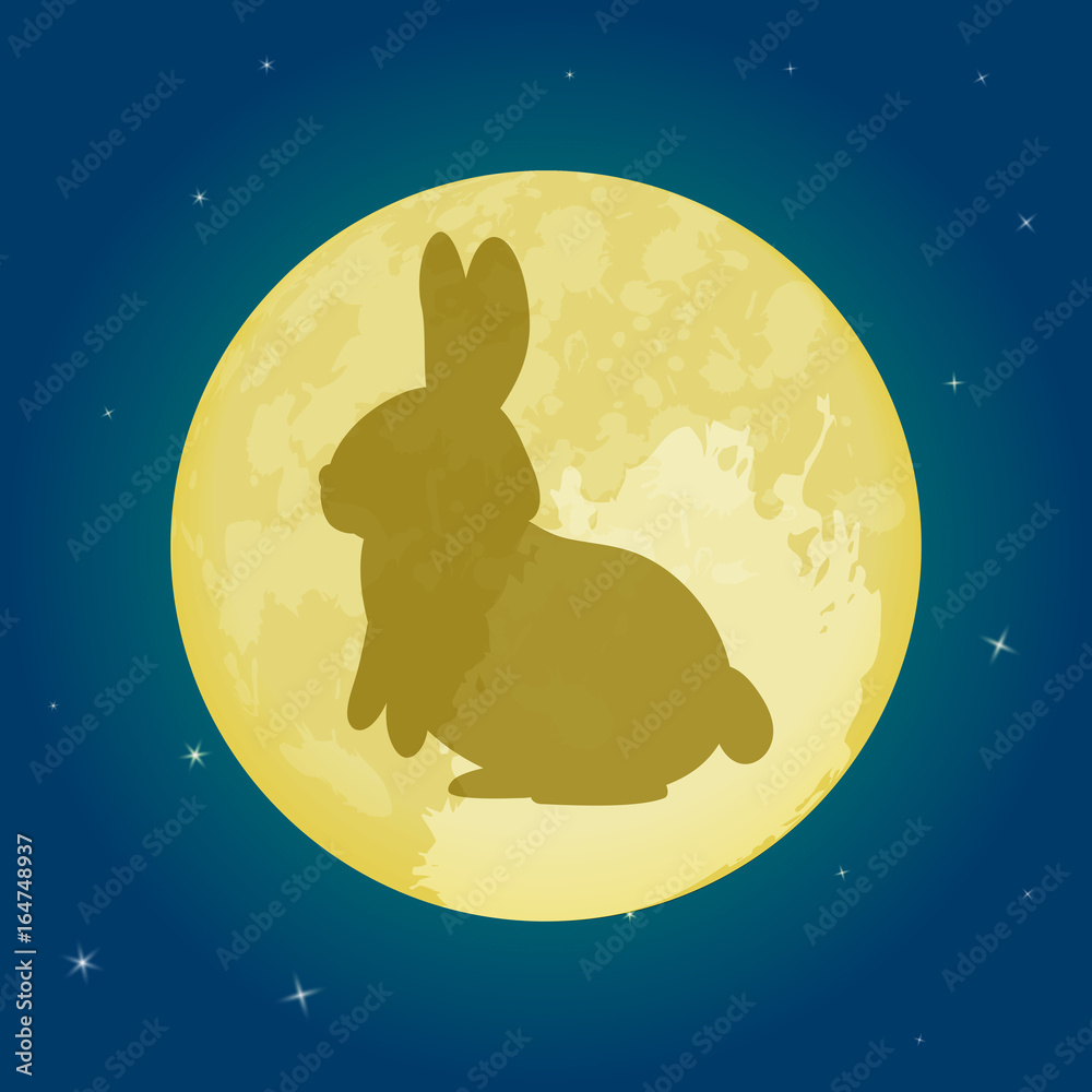 Rabbit shadow on the yellow honey lunar full moon with glowing star ...