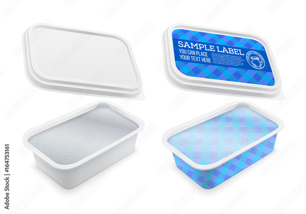 Vector square plastic container covered with foil and labeled ...