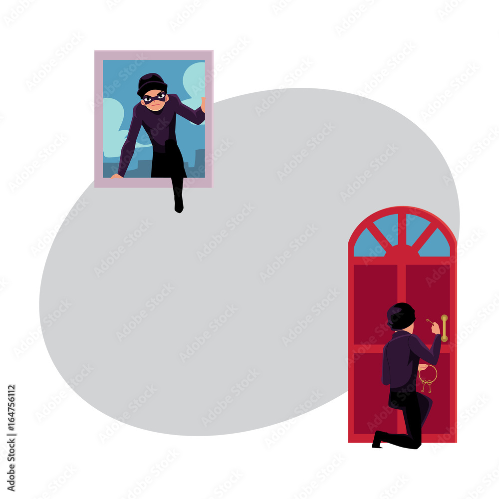 Thief, burglar breaking in house through front door and window, cartoon ...