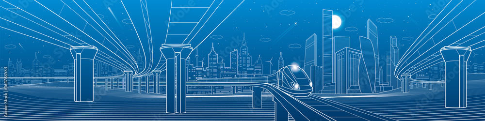 Infrastructure panorama. Road overpass. Transportation bridge. Train ...