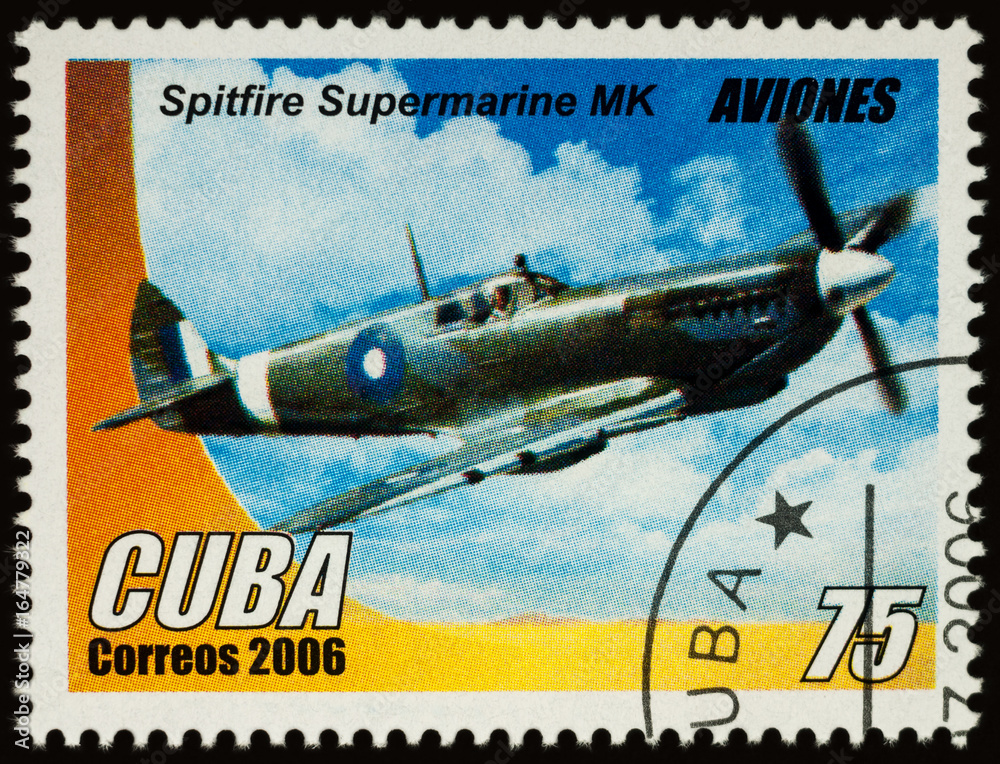 Old British fighter aircraft Spitfire Supermarine MK on postage stamp ...