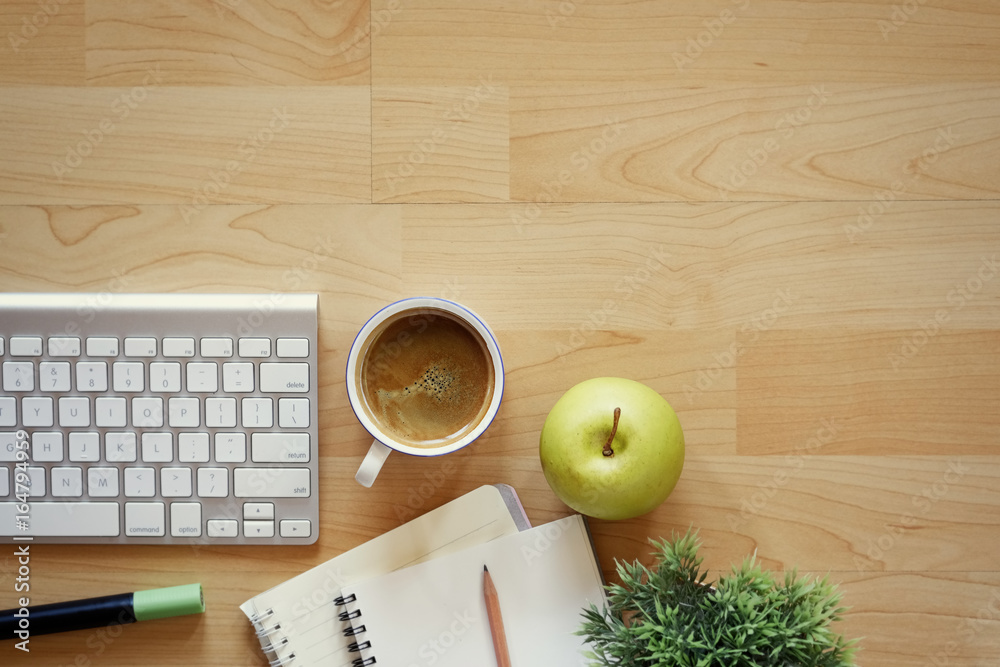 Office desktop with office accessories, Wood table with business ...