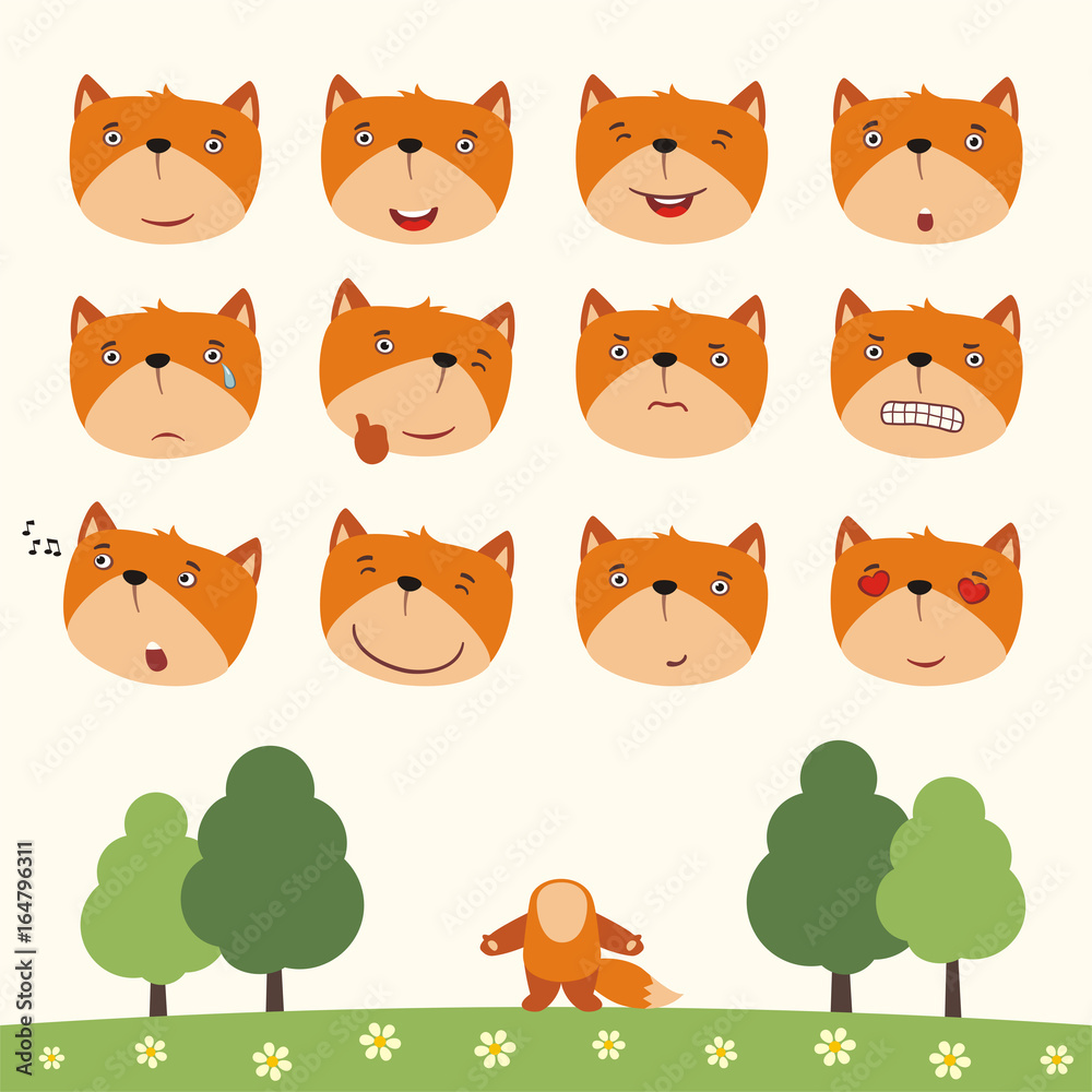 Emoticons set face of fox in cartoon style. Collection isolated heads ...