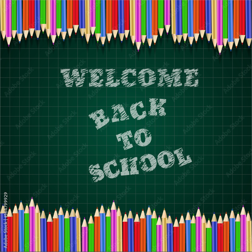 Welcome back to school chalkboard pencils and grid background vector ...