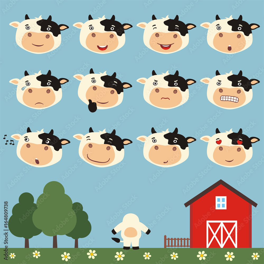 Emoticons set face of cow in cartoon style. Collection isolated heads ...