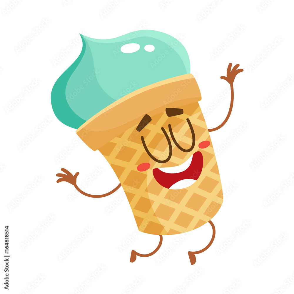 Funny smiling pistachio ice cream character in wafer cup, cartoon style ...