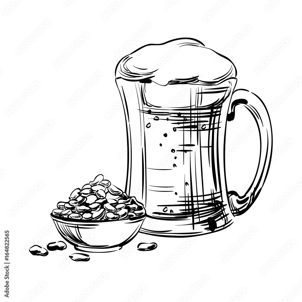 Beer in a glass mug and Snack, Peanut Nuts. Hand drawing for Brewery ...