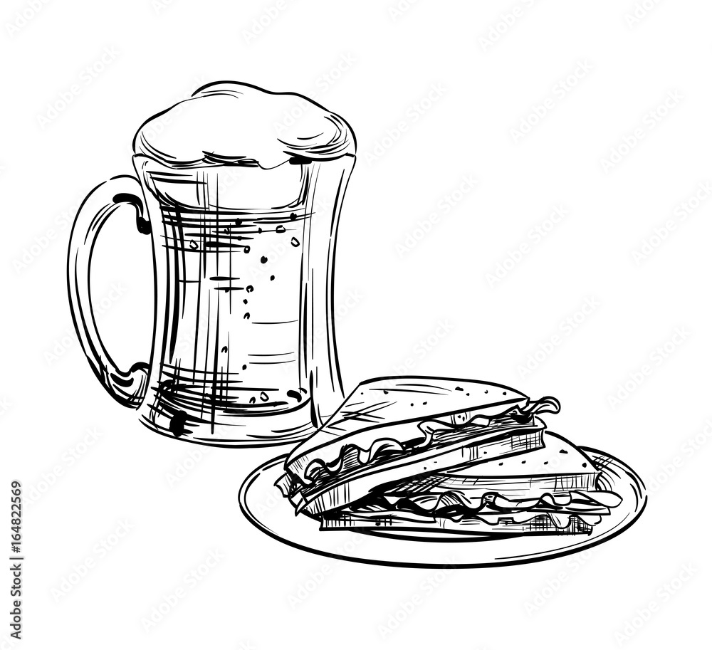 Beer in a glass mug and Snack, Sandwich. Hand drawing for Brewery, beer ...