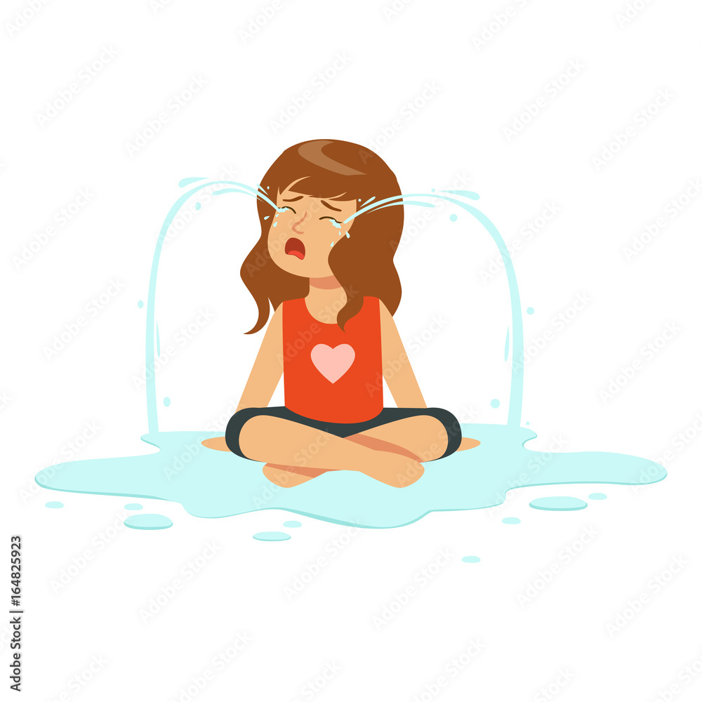 Weeping girl character sitting on the floor in a puddle of tears vector ...
