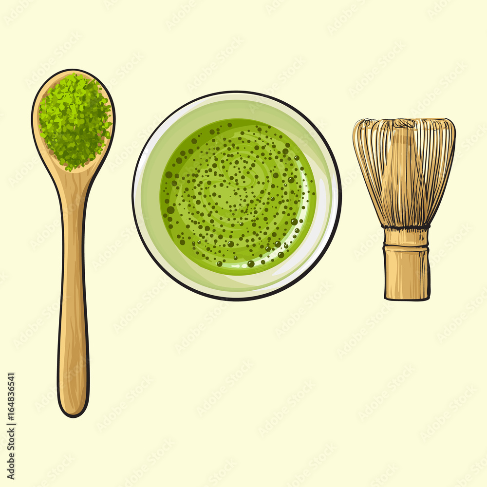 Hand drawn cup of green tea, spoon of matcha powder and bamboo whisk ...