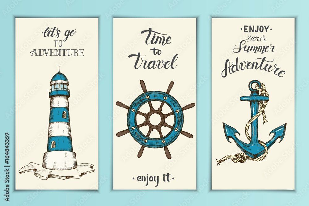 Vintage nautical banners with hand drawn vector anchor, lighthouse ...