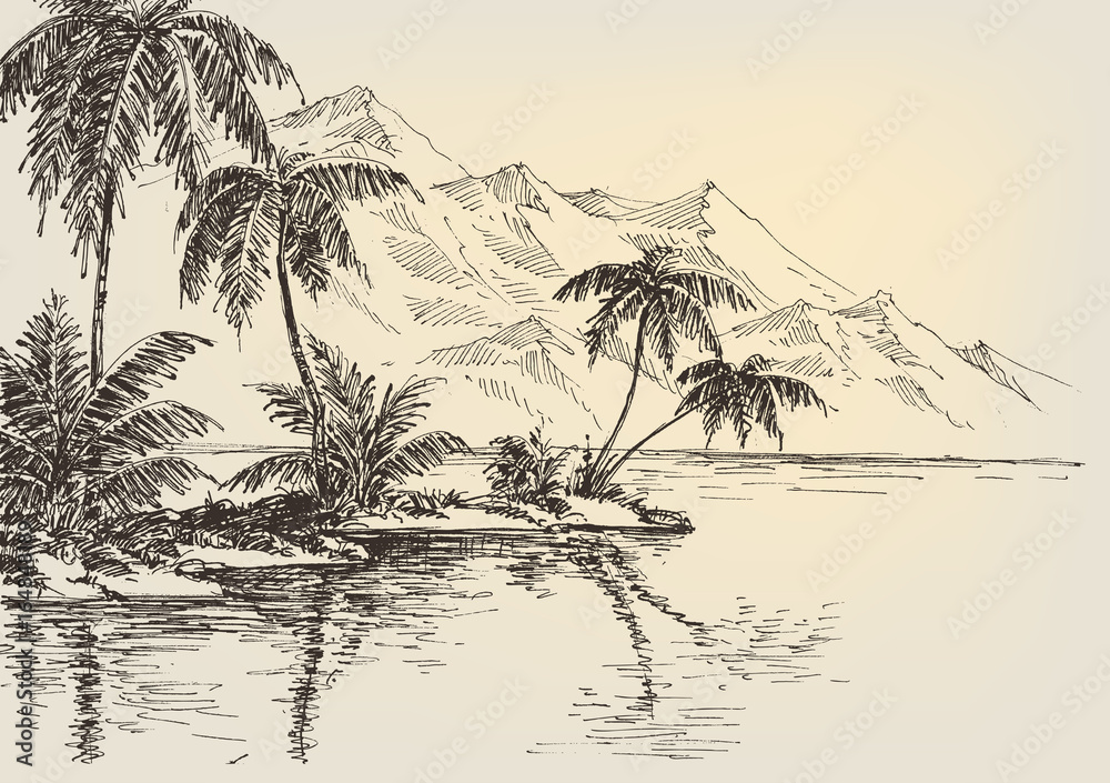 Beach drawing, palm trees and mountains in the background Stock Vector ...