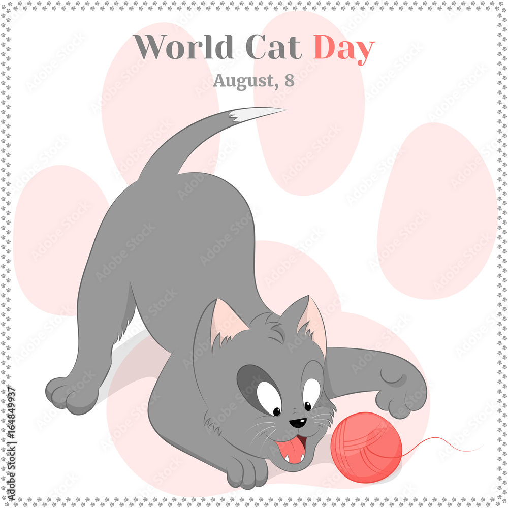 Funny and cute playing kitten for World Cat Day. Holiday background ...