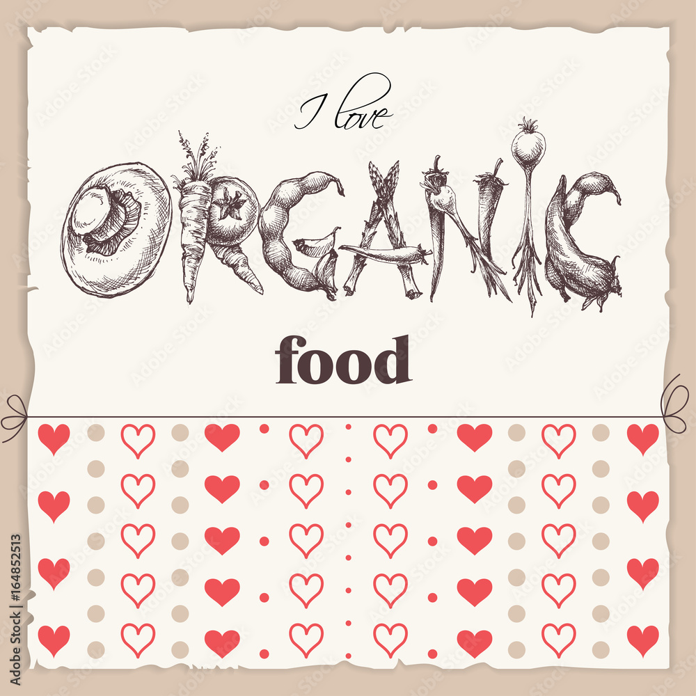 Organic food label. Word organic made of vegetables drawing Stock ...
