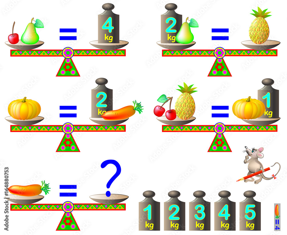 Logic puzzle game. What is the weight of the carrot? Vector cartoon ...