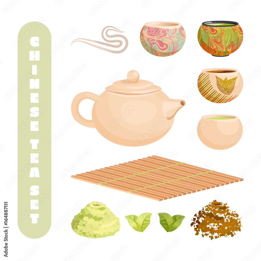 Chinese tea set, isolated on white. Vector contain - teapot (pot ...