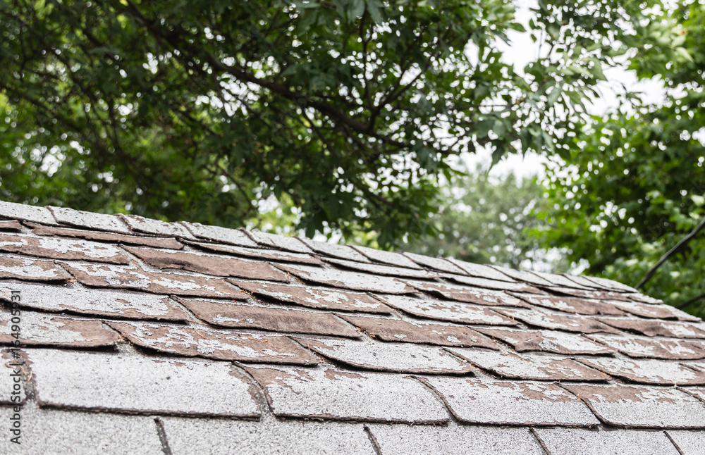 horizontal image of house shingles that are in very worn out and need ...