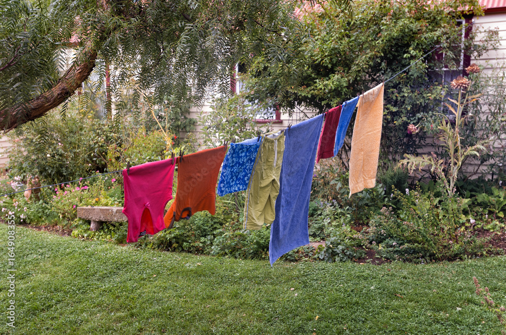 Washing hanging on clothesline Stock Photo | Adobe Stock