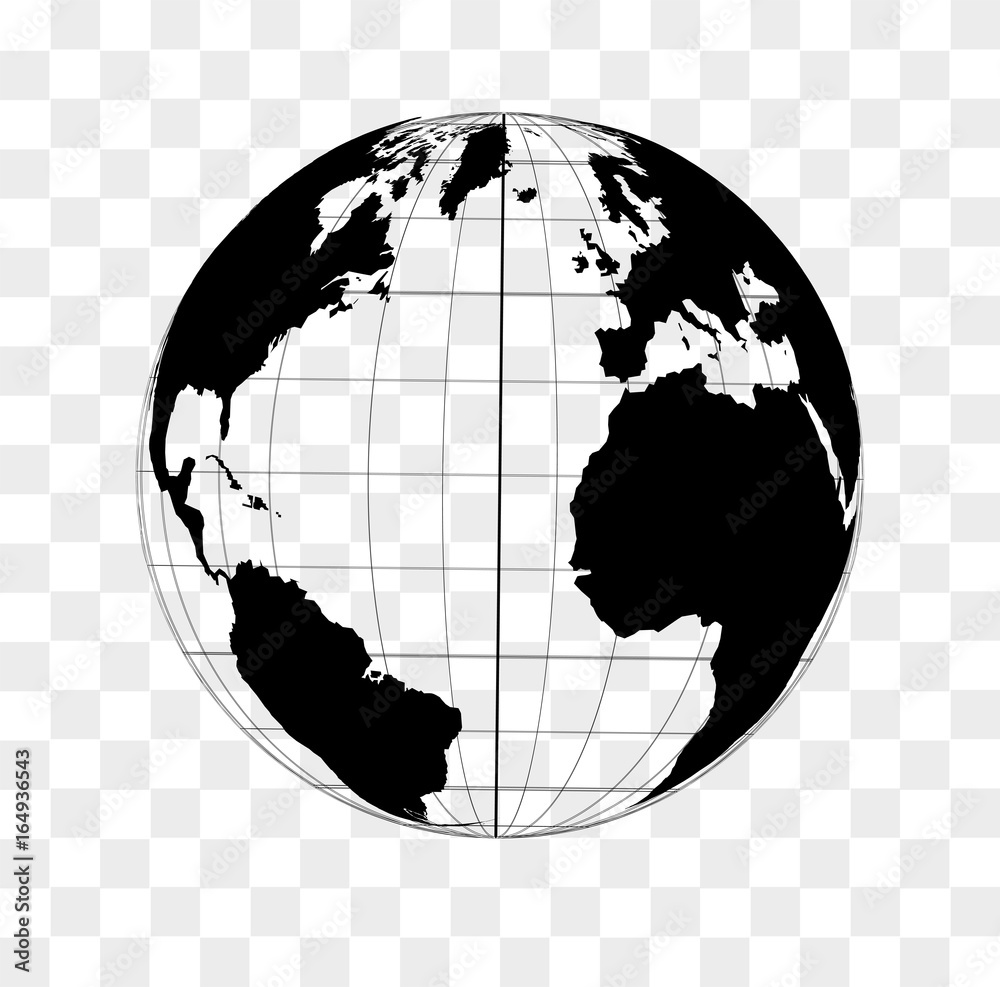 World globe frame in black on a transparent background with North and ...