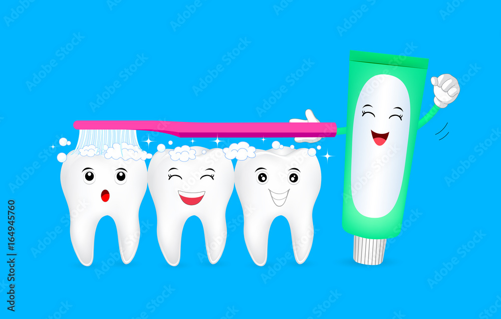 Happy cute cartoon toothpaste brushing teeth. Dental care concept ...